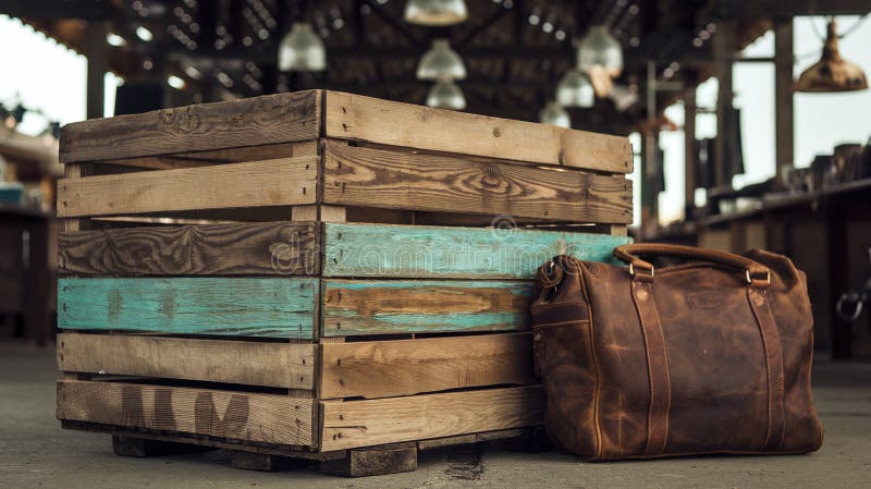 Rustic Wooden Crate with Turquoise Accent and Vintage Leather Bag in ...