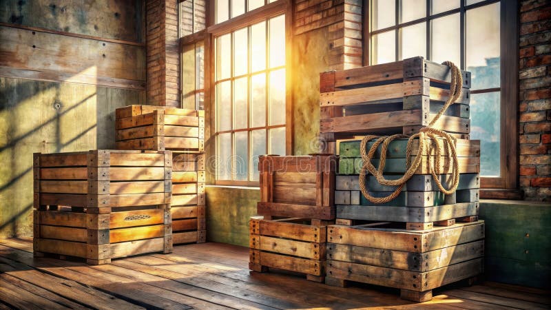 Rustic Wooden Crates Stacked by a Sunlit Window in a Vintage Warehouse ...