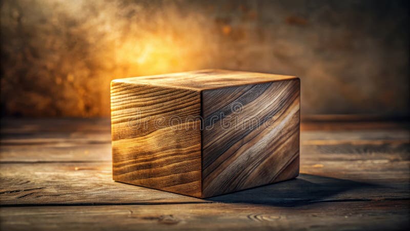 Rustic Wooden Cube on Weathered Plank Surface Illuminated by Warm Light ...