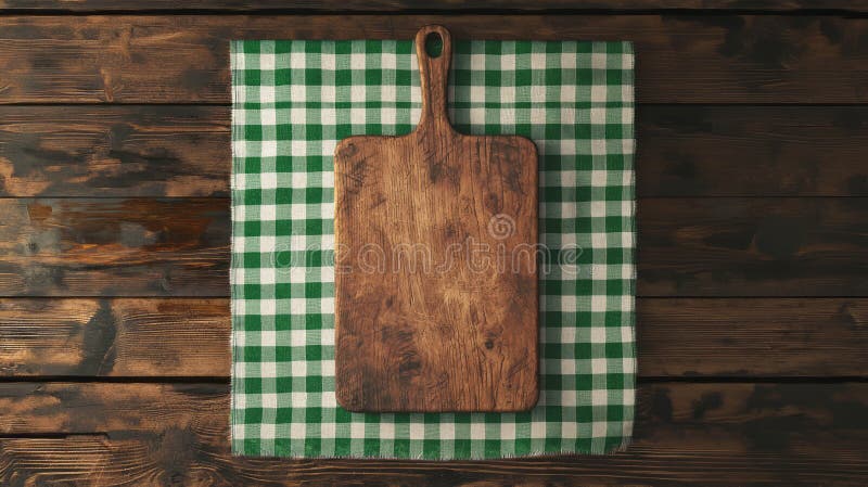 Rustic Wooden Cutting Board on Checkered Cloth in Traditional Kitchen ...