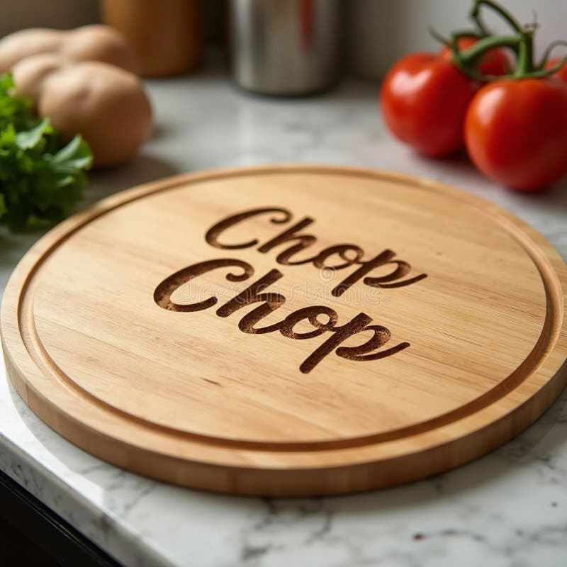 Rustic Wooden Cutting Board with Chop Chop Engraving on Kitchen Counter ...