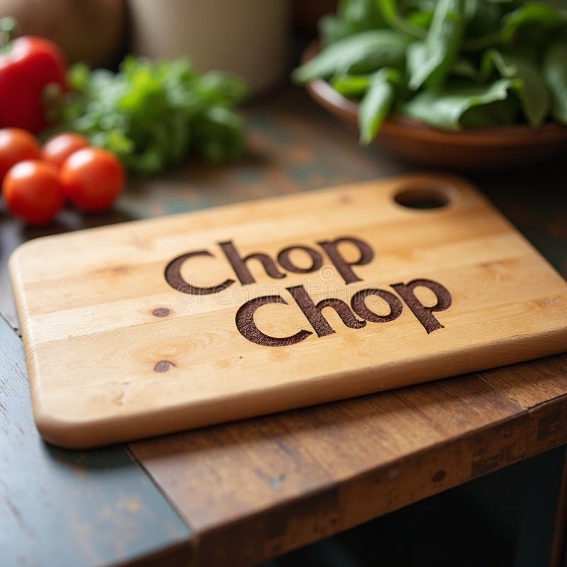 Rustic Wooden Cutting Board with Chop Chop Engraving on Kitchen Counter ...