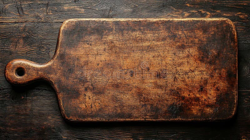 Rustic Wooden Cutting Board with Handle on Dark Wood Background Stock ...