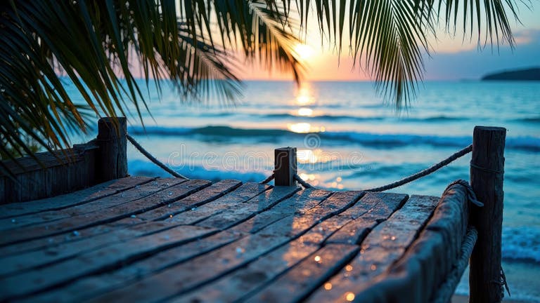 Rustic Wooden Deck Overlooking Ocean at Tropical Sunset Stock Image ...