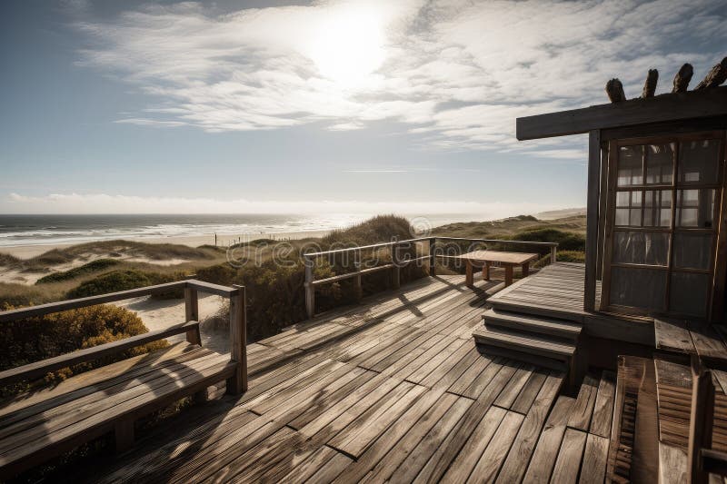 Rustic Wooden Deck with View of the Ocean and Dunes Stock Illustration ...