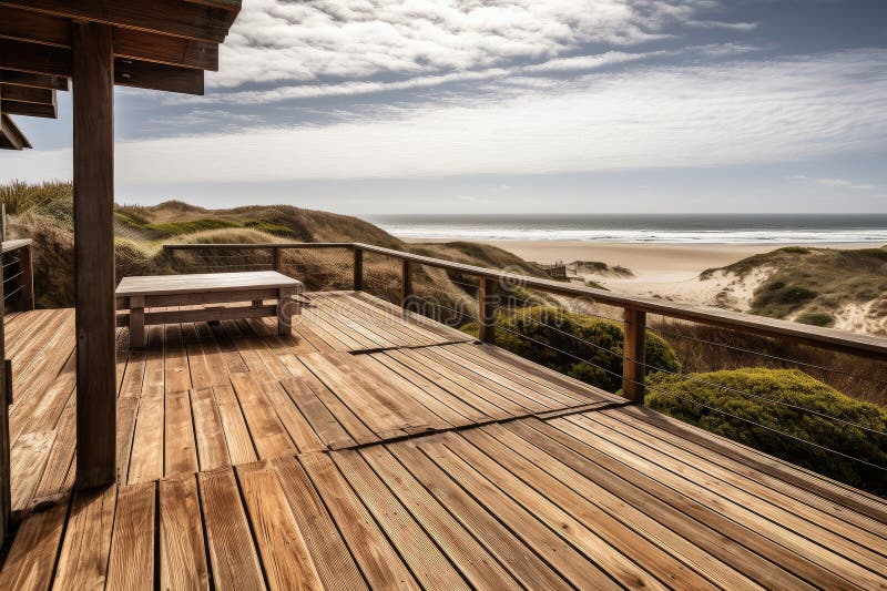 Rustic Wooden Deck with View of the Ocean and Dunes Stock Illustration ...