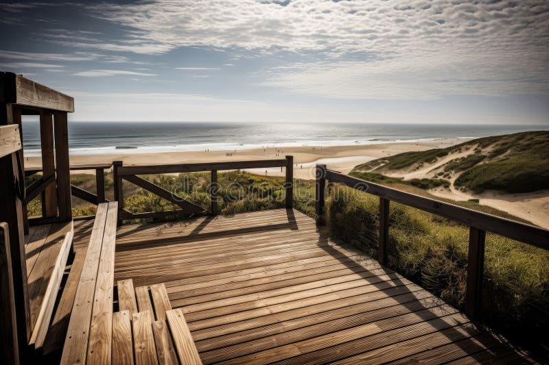 Rustic Wooden Deck with View of the Ocean and Dunes Stock Illustration ...