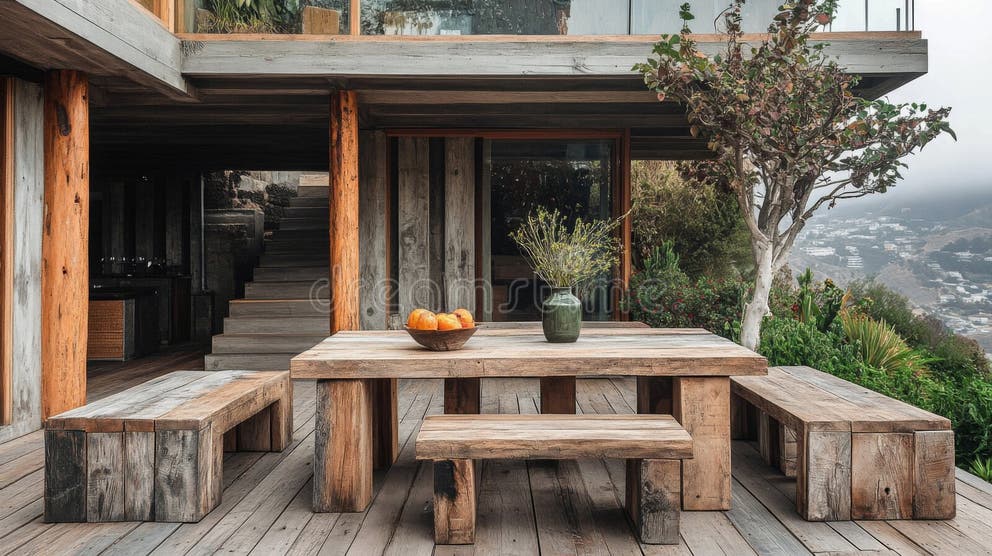 Rustic Wooden Dining Set on Deck Overlooking Mountain View Stock ...