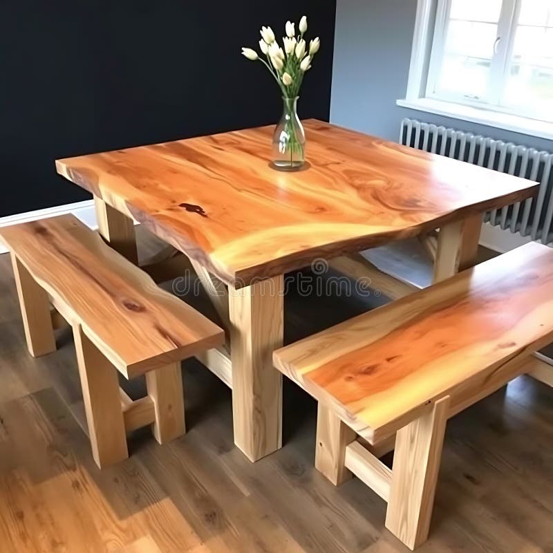 A Rustic Wooden Dining Set with a Live Edge Table and Matching Benches ...