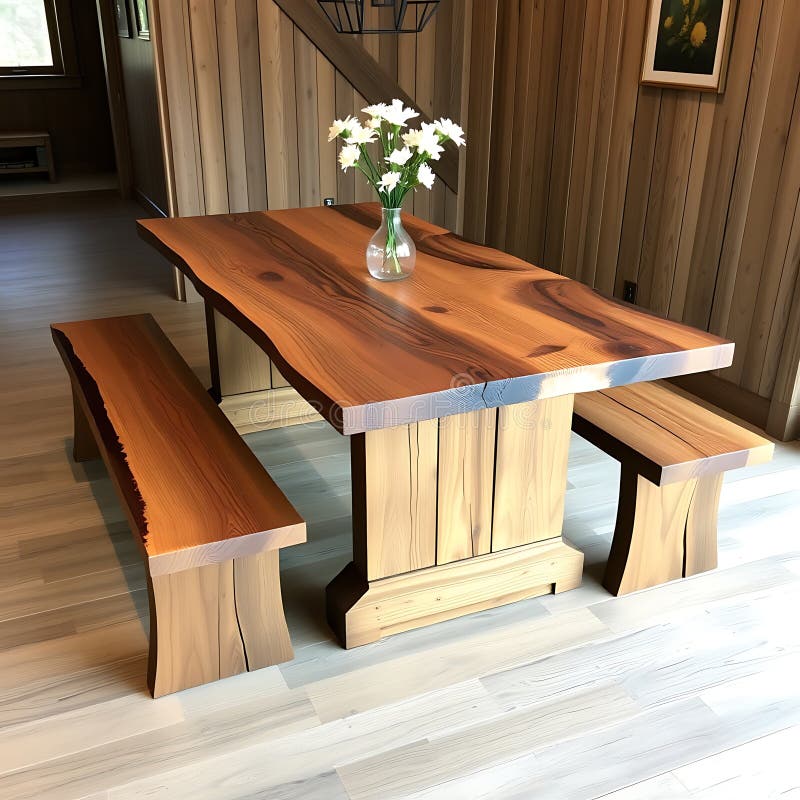 A Rustic Wooden Dining Set with a Live Edge Table and Matching Benches ...