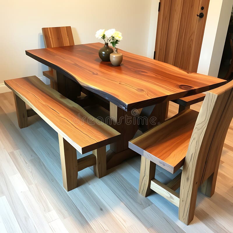 A Rustic Wooden Dining Set with a Live Edge Table and Matching Benches ...