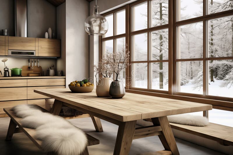 Rustic Wooden Dining Table in Cozy Kitchen Interior with Large Windows ...