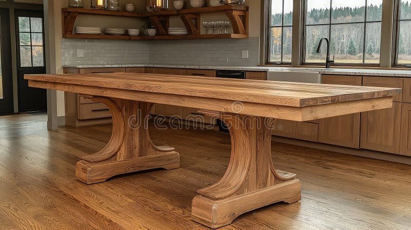 Rustic Wooden Dining Table in Modern Kitchen Stock Image - Image of ...