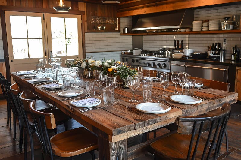 A Rustic Wooden Dining Table Set for a Dinner, Surrounded by Vintage ...
