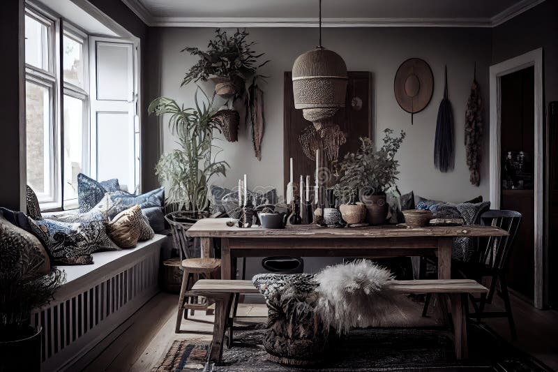 Rustic Wooden Dining Table Surrounded by Scandi-boho Decor Stock ...