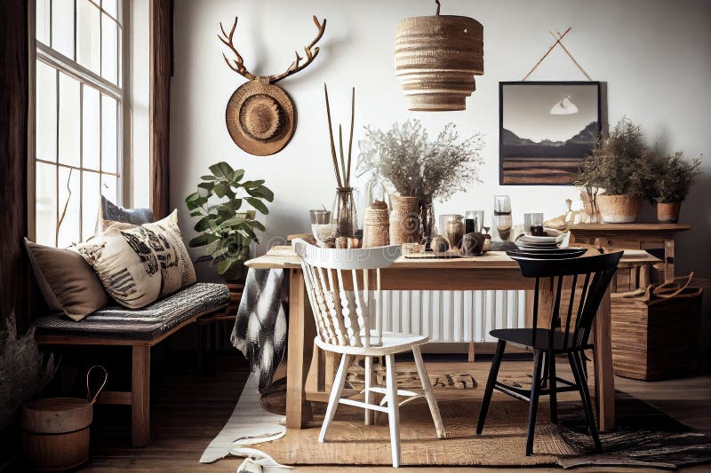 Rustic Wooden Dining Table Surrounded by Scandi-boho Decor Stock ...