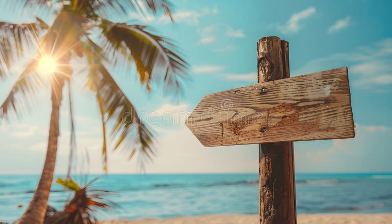 Rustic Wooden Directional Sign on Stunning Tropical Beach Backdrop ...