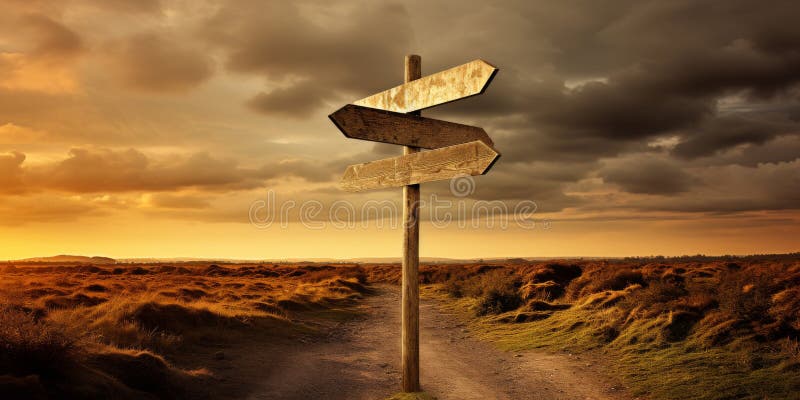 Rustic Wooden Directional Signposts at Sunset in Countryside. Empty ...