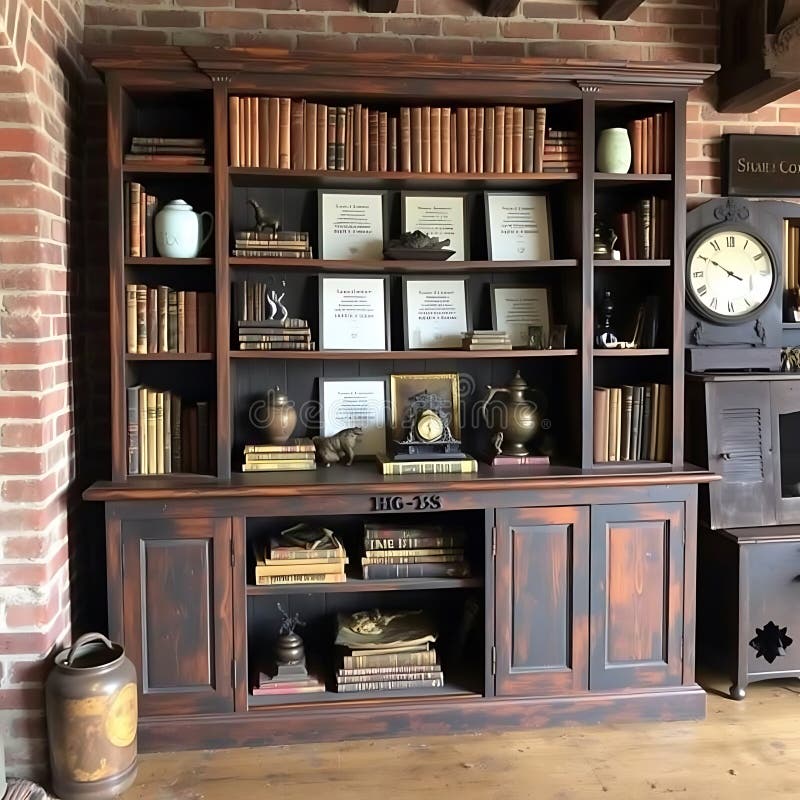 A Rustic Wooden Display Cabinet Filled with Antique Books and Artifacts ...