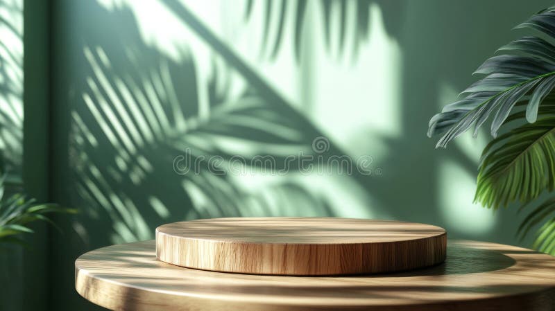 Rustic Wooden Display Platform with Tropical Leaves Shadows Stock ...