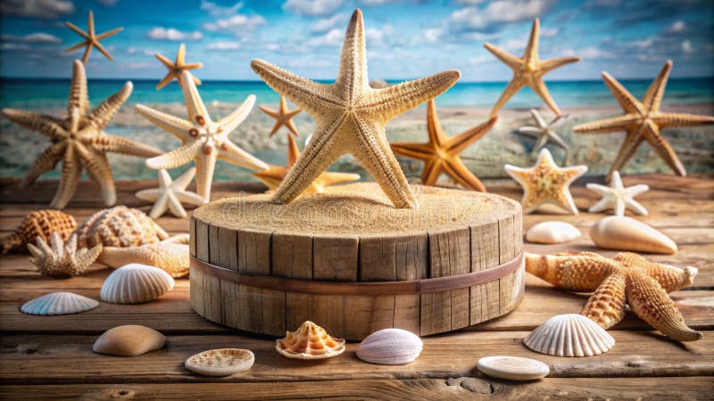 Rustic Wooden Display Podium with Starfish and Shells Perfect Summer ...