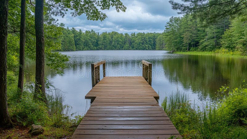 Rustic Wooden Dock Extending into Calm Lake. Stock Photo - Image of ...