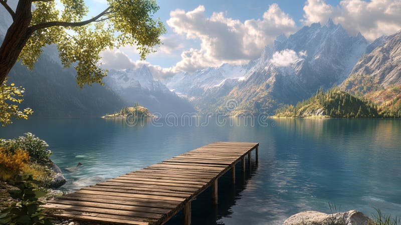 A Rustic Wooden Dock Extending into a Serene Mountain Lake. Picture ...