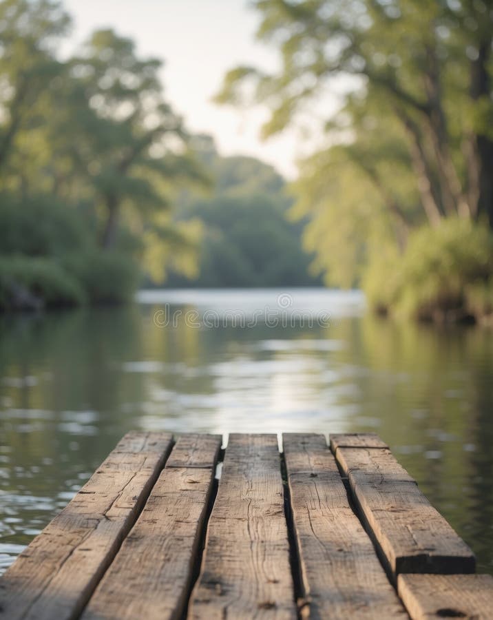 Rustic Wooden Dock Over Calm River with Green Trees Background Stock ...