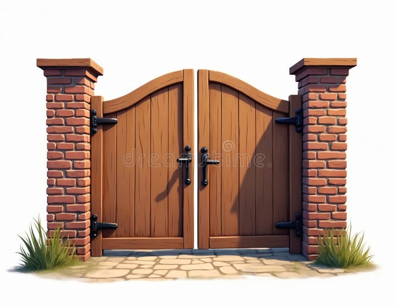 Rustic Wooden Double Gate Framed by Brick Pillars. Features Arched Top ...