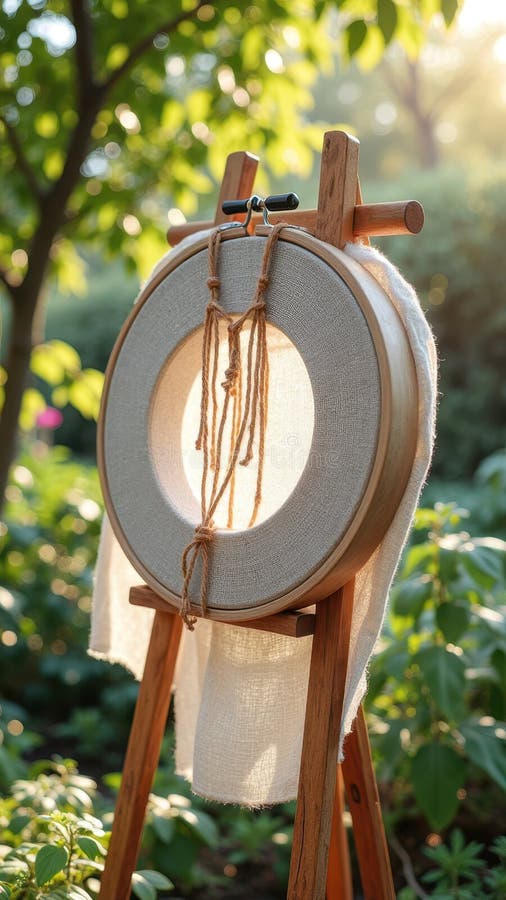 Rustic Wooden Easel with Canvas and Rope in Sunlit Garden Setting Stock ...