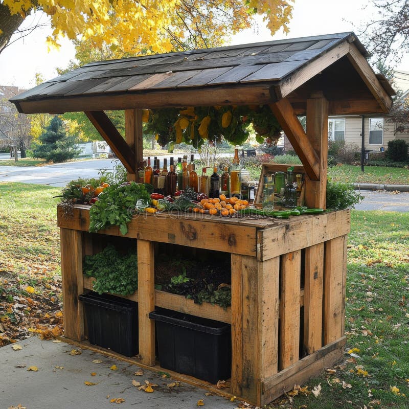 Rustic Wooden Farm Stand with Produce and Bottles Stock Image - Image ...