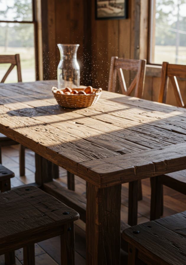 Rustic Wooden Farmhouse Dining Table with Sunlight Stock Illustration - Illustration of grain ...