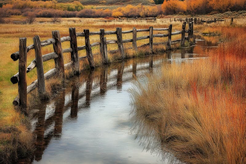 A Rustic Wooden Fence beside a Stream with Soft Reflections in the ...