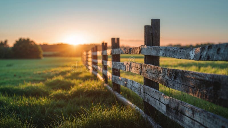Rustic Wooden Fence at Sunset in a Serene Countryside Setting Stock ...