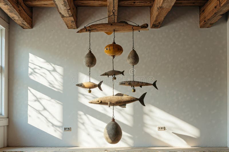 Rustic Wooden Fish Mobile Hanging in Sunlit Room with Exposed Beams and ...