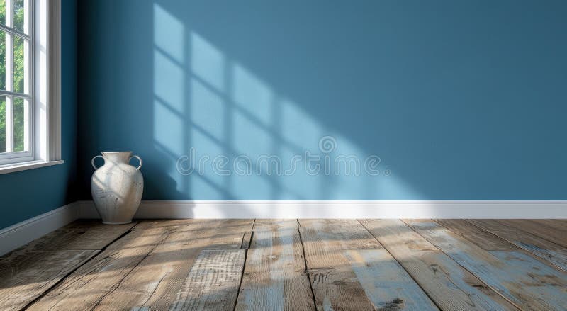Rustic Wooden Floor and Blue Wall with Window Light Stock Illustration ...