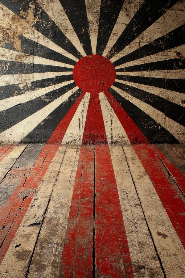 Rustic Wooden Floor with Bold Rays and a Red Circle on a Weathered Wall ...