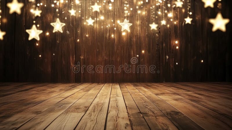 Rustic Wooden Floor with Glowing Star Lights in Cozy Holiday Setting ...