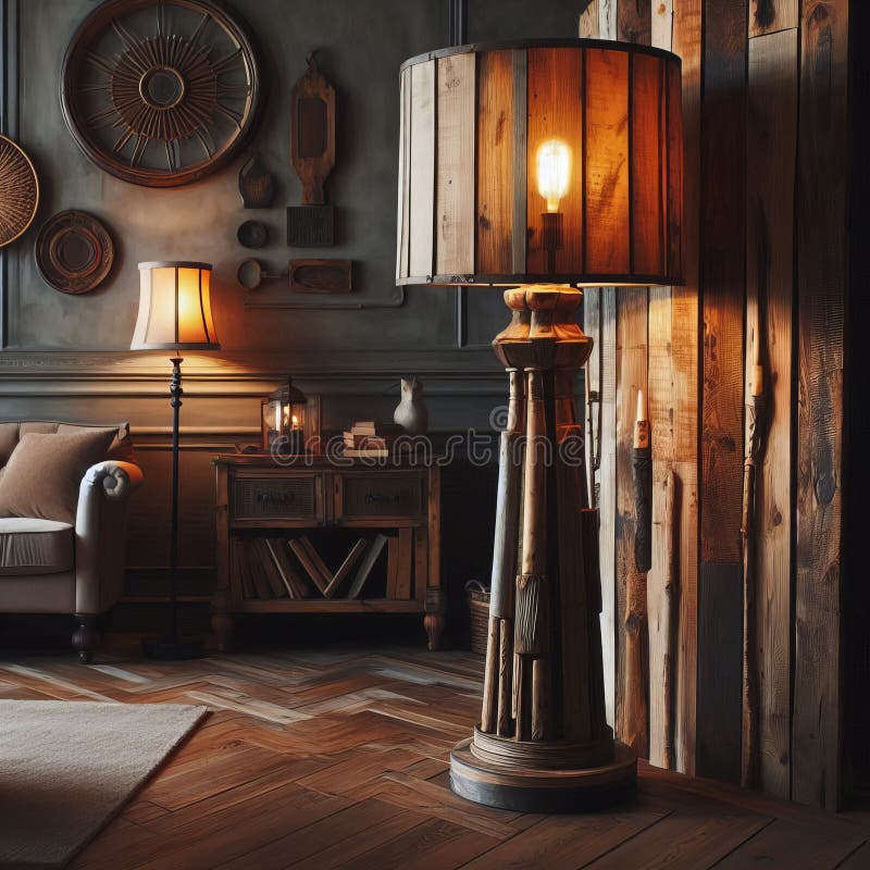 Rustic Wooden Floor Lamp a Charming Floor Lamp Featuring a Woode Stock ...