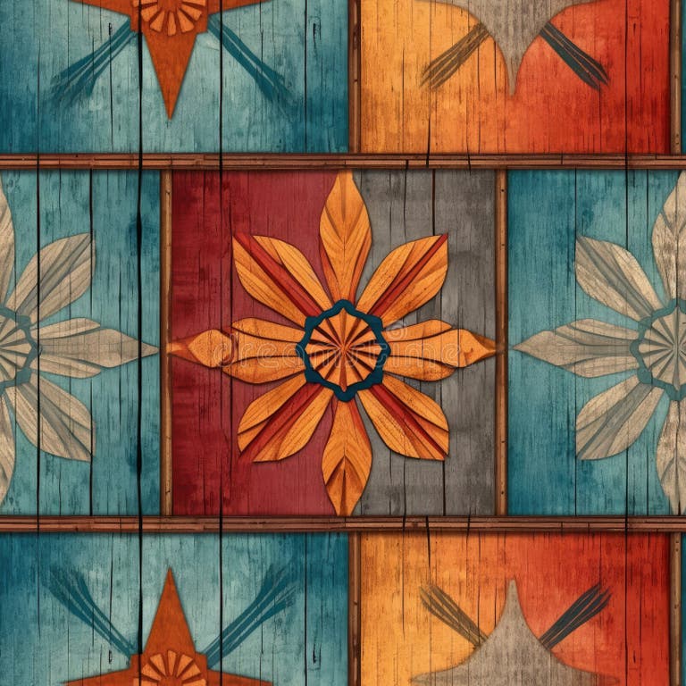 Rustic Wooden Floral Patchwork Art Stock Illustration - Illustration of ...