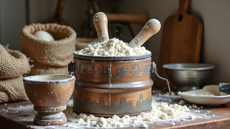 Rustic Wooden Flour Sifter and Bowl in Traditional Kitchen Setting ...