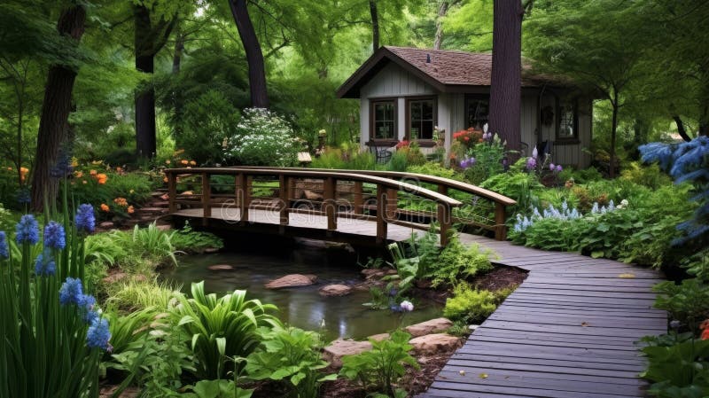 Rustic Wooden Footbridge Enhances Backyard Over Stream Stock ...
