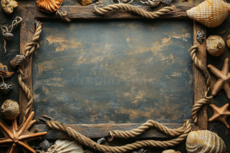 Rustic Wooden Frame Adorned with Rope and Seashells, Evoking a Nautical ...