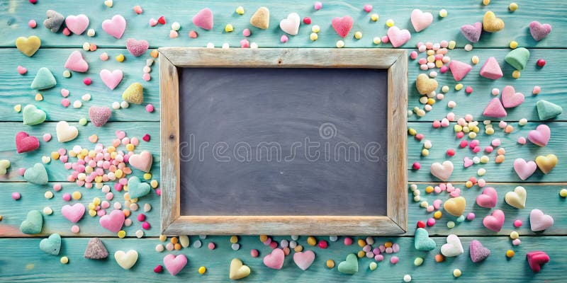 Rustic Wooden Frame Encircling Pastel Hearts and Candies on a Teal ...