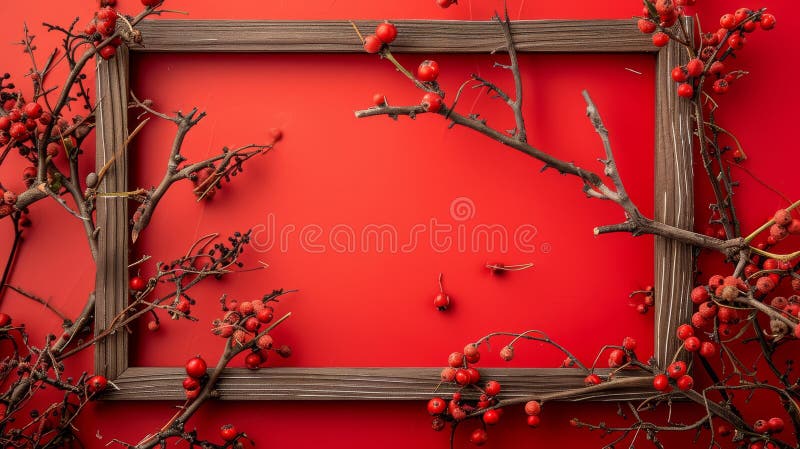 Rustic Wooden Frame with Red Berry Branches Stock Image - Image of ...