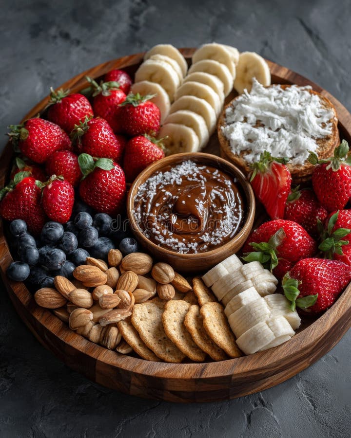 Rustic Wooden Fruit Platter with Chocolate Dip Stock Illustration ...