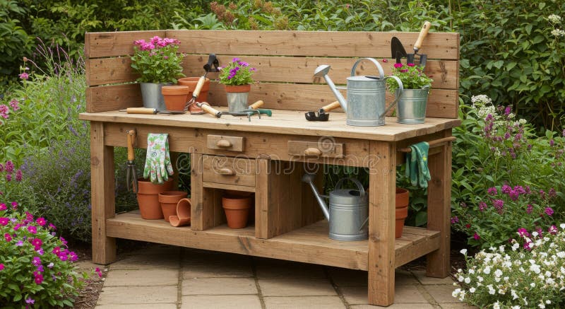 Rustic Wooden Garden Workbench with Flowers and Tools Stock ...
