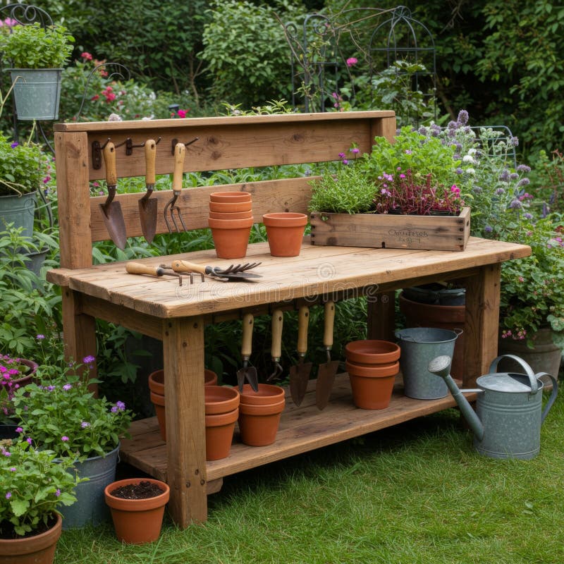 Rustic Wooden Garden Workbench with Tools and Plants Stock Photo ...
