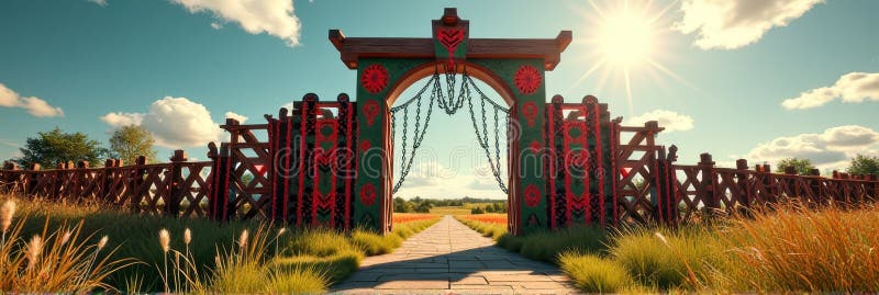 Rustic Wooden Gate Leading To Sunlit Meadow on a Bright Summer Day ...