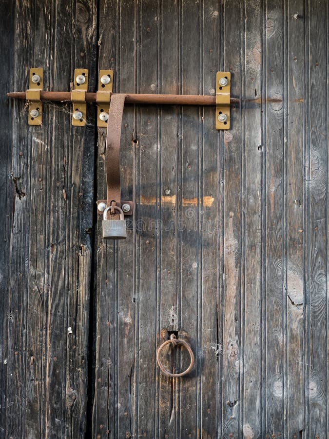 Rustic Wooden Gate with Rusty Padlock and Latch Stock Image - Image of ...